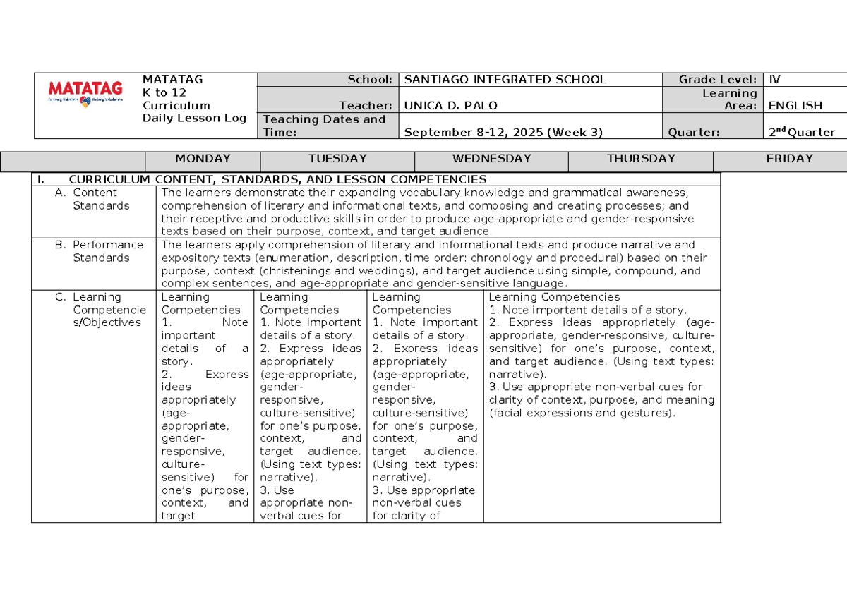 Matatag K to 12 Curriculum Daily Lesson Log: English G4 Q2 Week 3 - Studocu
