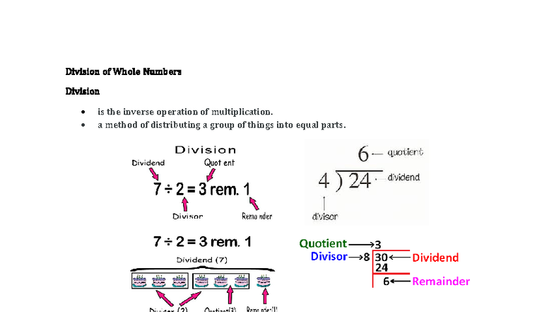 MATH 101: Division of Whole Numbers and Fractions Notes - Studocu