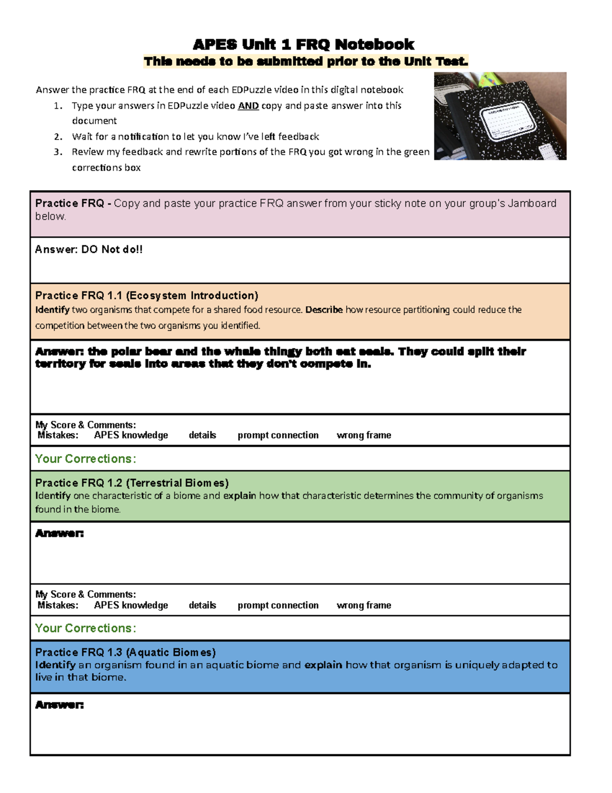 Copy of 💻📓 Smedes Unit 1 Digital FRQ Notebook 💻📓 - APES Unit 1 FRQ ...