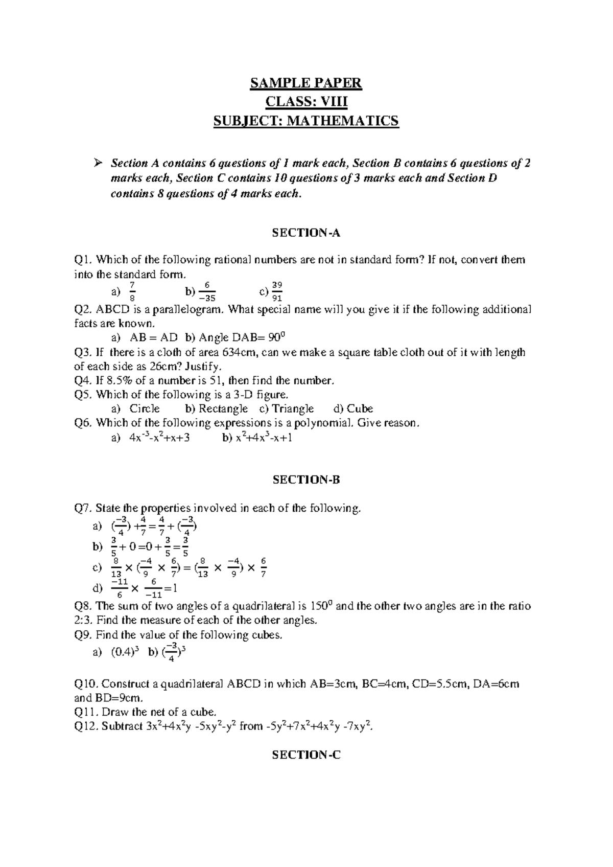 Class 8 Maths Term I Sample Paper: Comprehensive Practice Questions ...