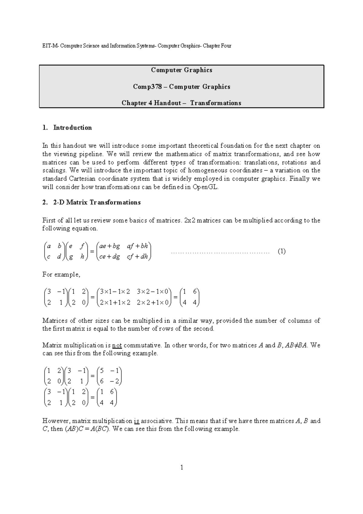 Computer Graphics Comp378 Chapter 4: Matrix Transformations ...