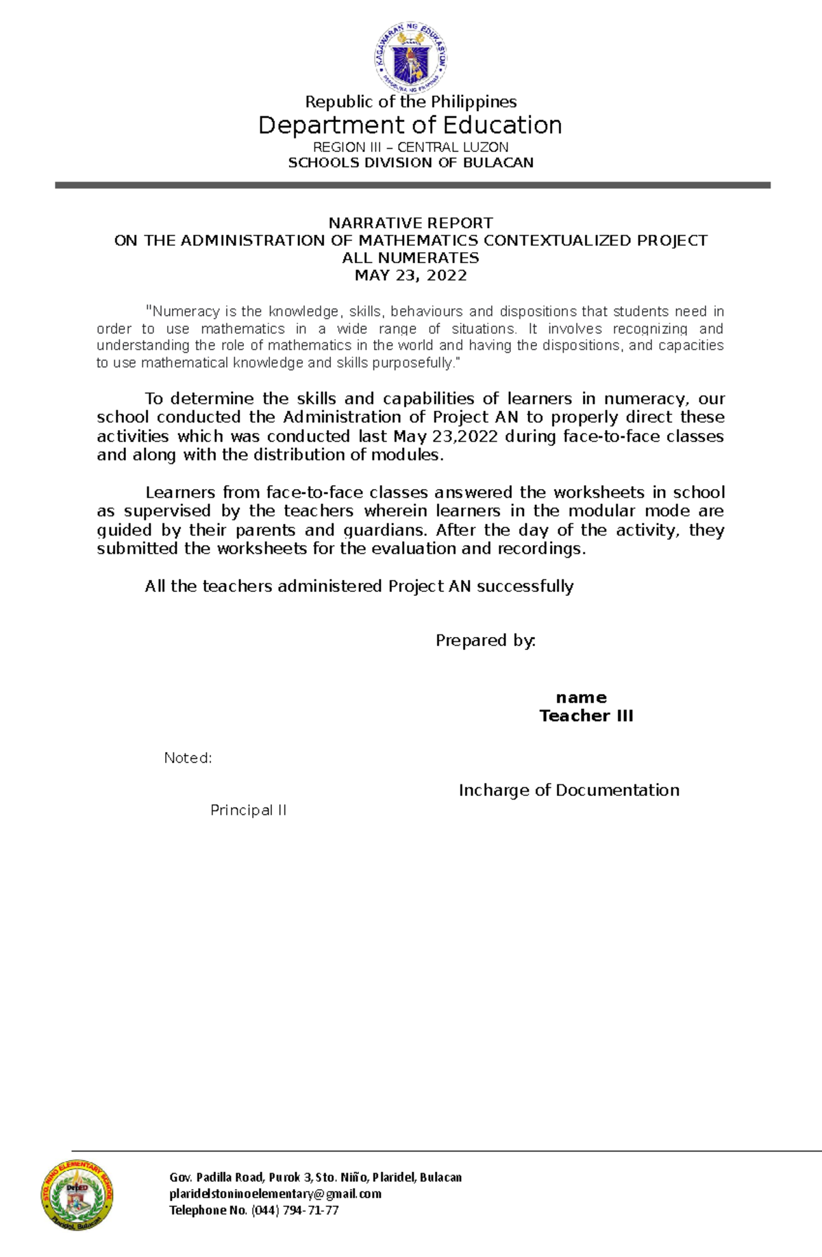 ACR-MCPAN-2022: Report on Mathematics Contextualized Project All ...