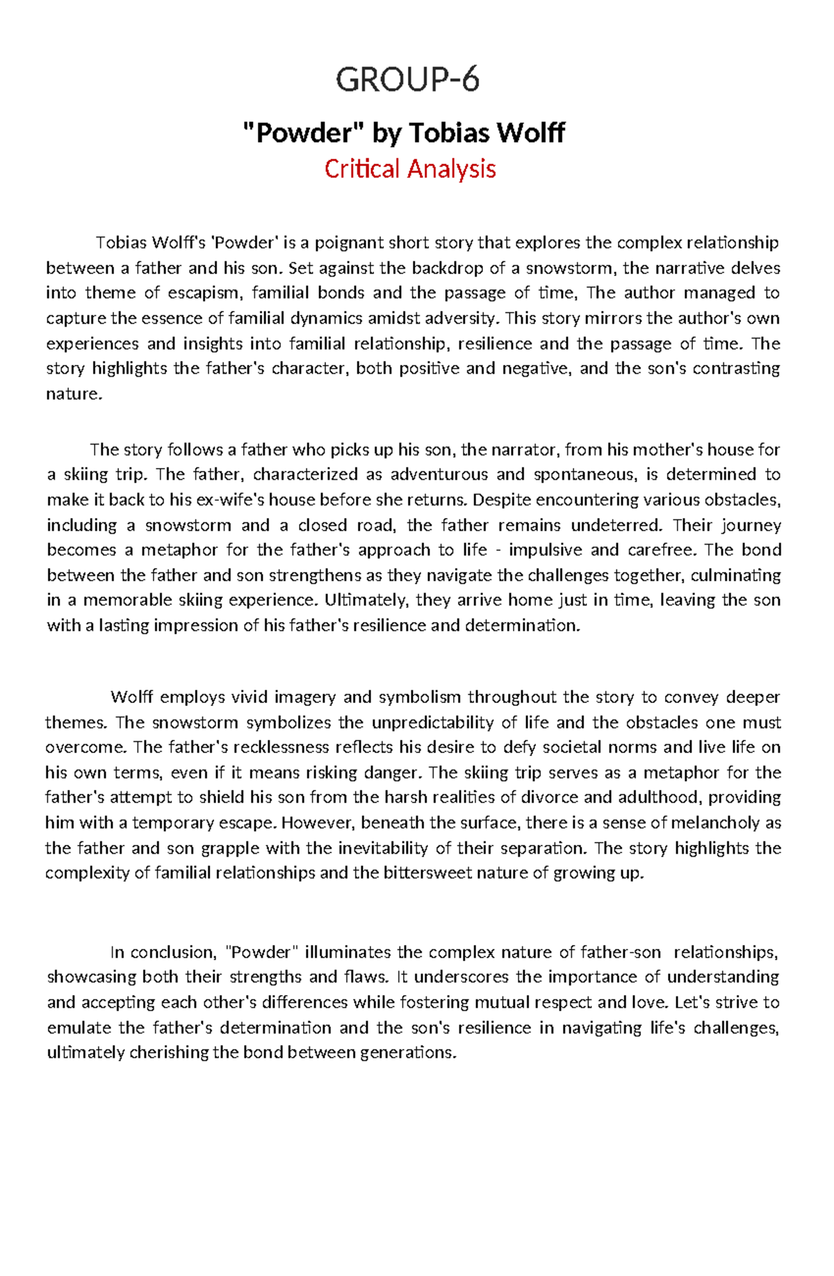 English - Critical Analysis of Tobias Wolff's "Powder" Short Story ...