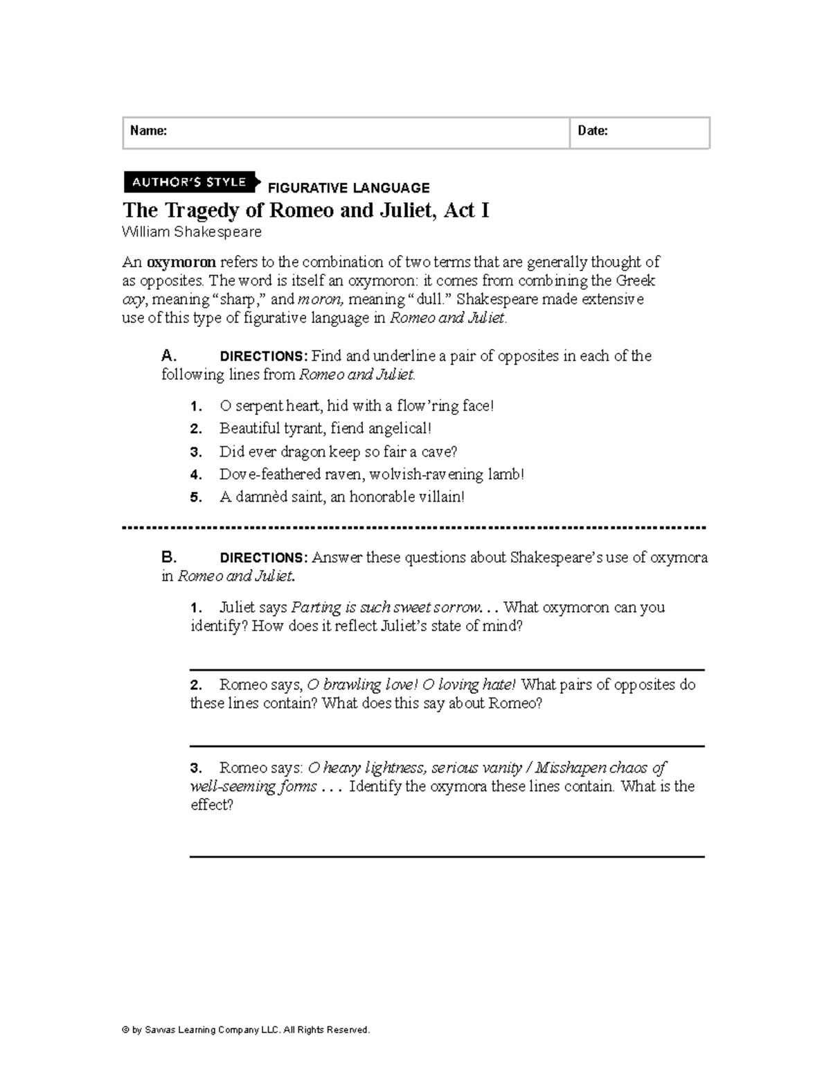 Oxymoron worksheet - Name: Date: FIGURATIVE LANGUAGE The Tragedy of ...