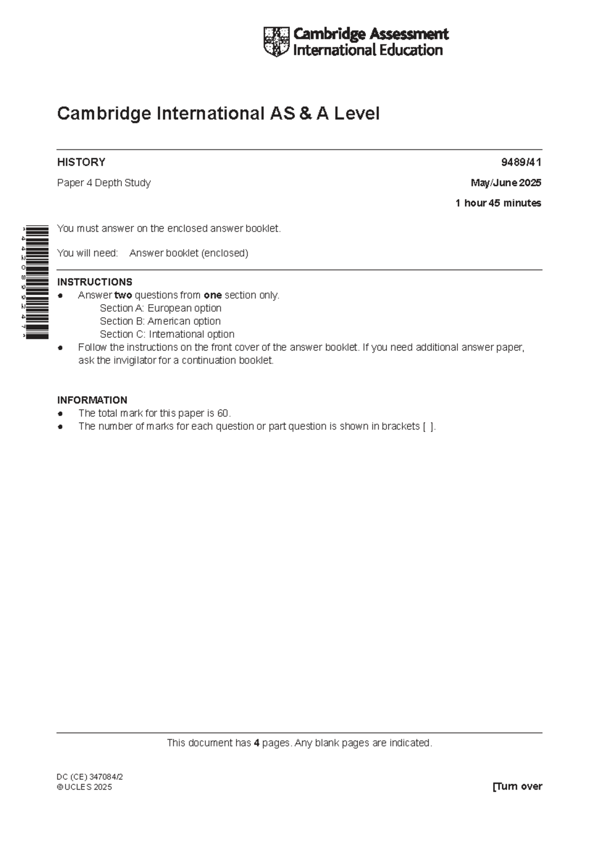 Cambridge International AS A Level HISTORY 9489/41 Paper 4 Depth Study ...