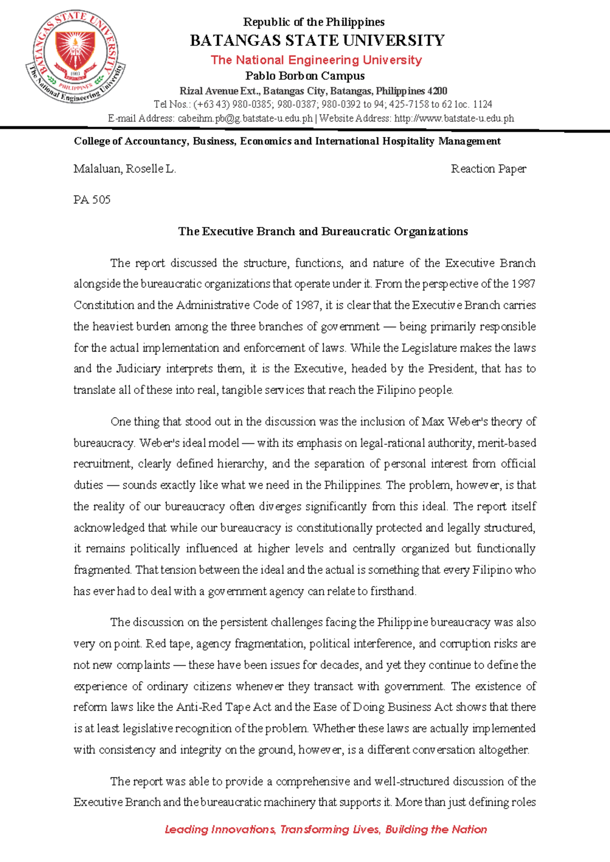PA 505 Reaction Paper: The Executive Branch & Bureaucracy Issues - Studocu