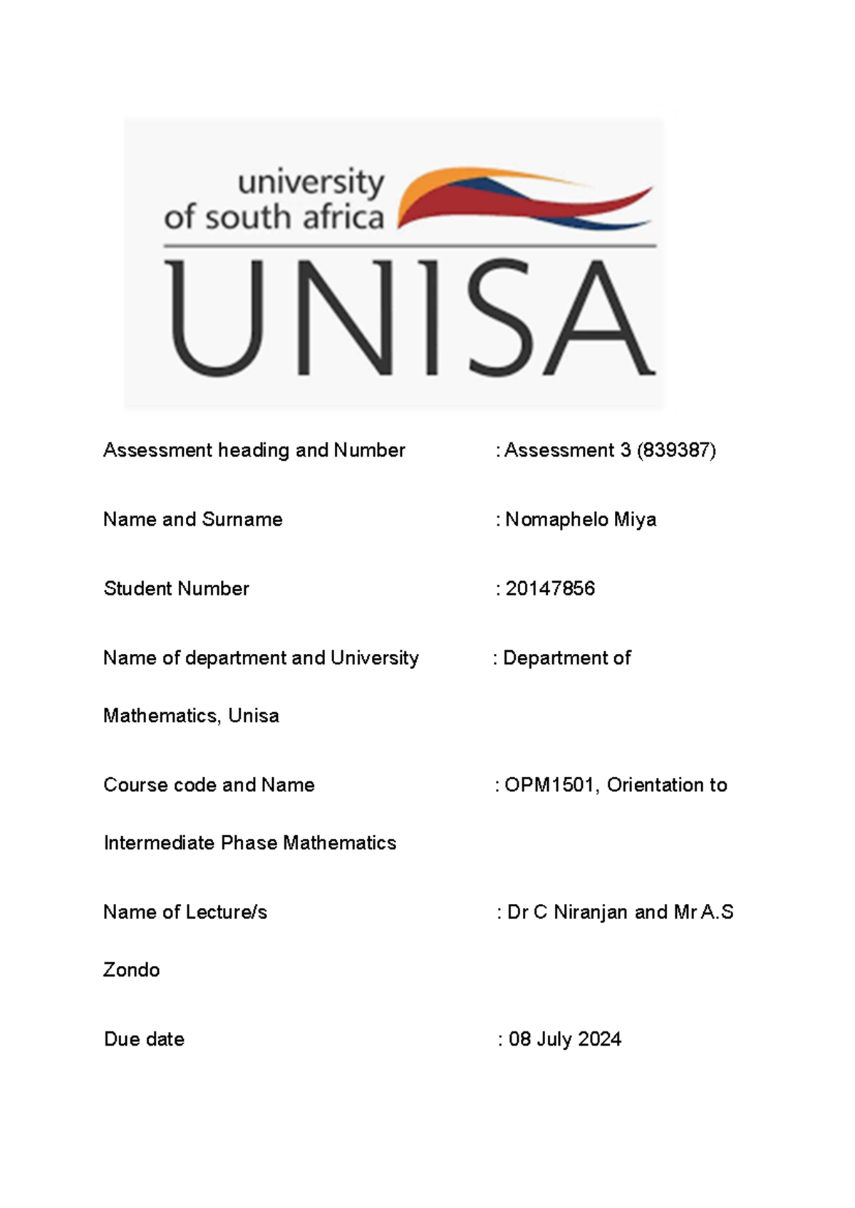 OPM1501 Assessment 3: Orientation to Intermediate Phase Mathematics ...