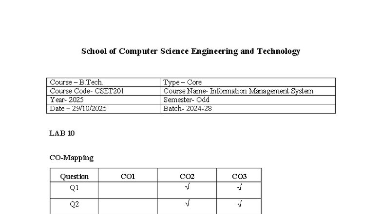 CSET201 2025 Odd Semester Lab Assignment 10 - NoSQL & MongoDB - Studocu