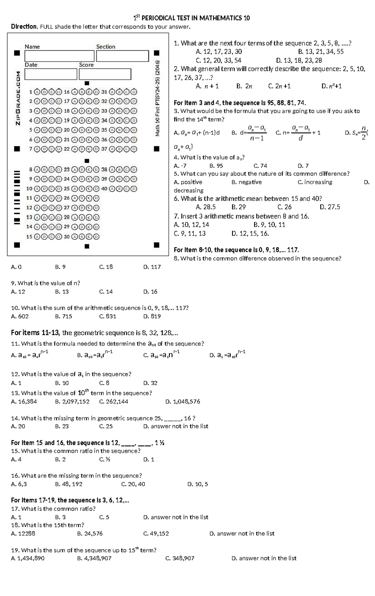 1ST PERIODICAL TEST IN MATH 10 (Q1) - 2024-2025 - Studocu