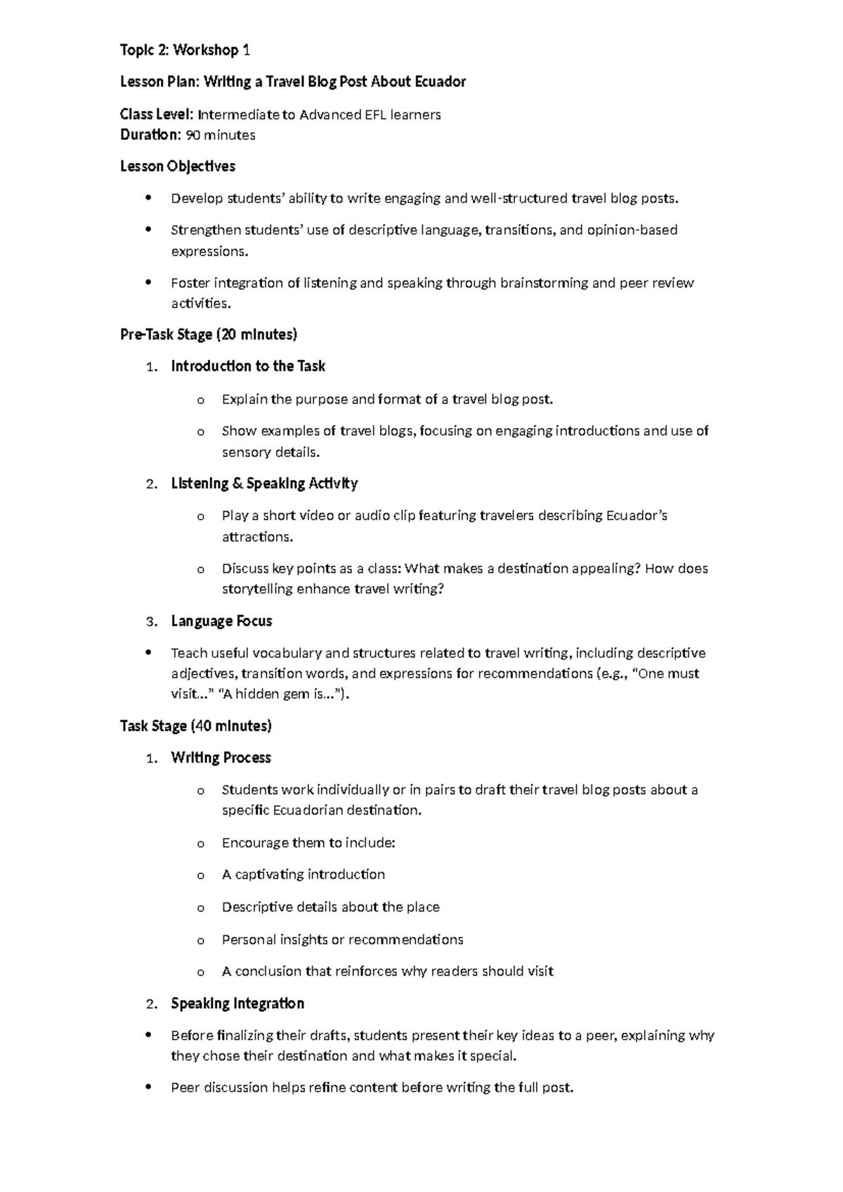 Topic 2: Workshop 1 Lesson Plan for Writing Travel Blogs (EFL) - Studocu