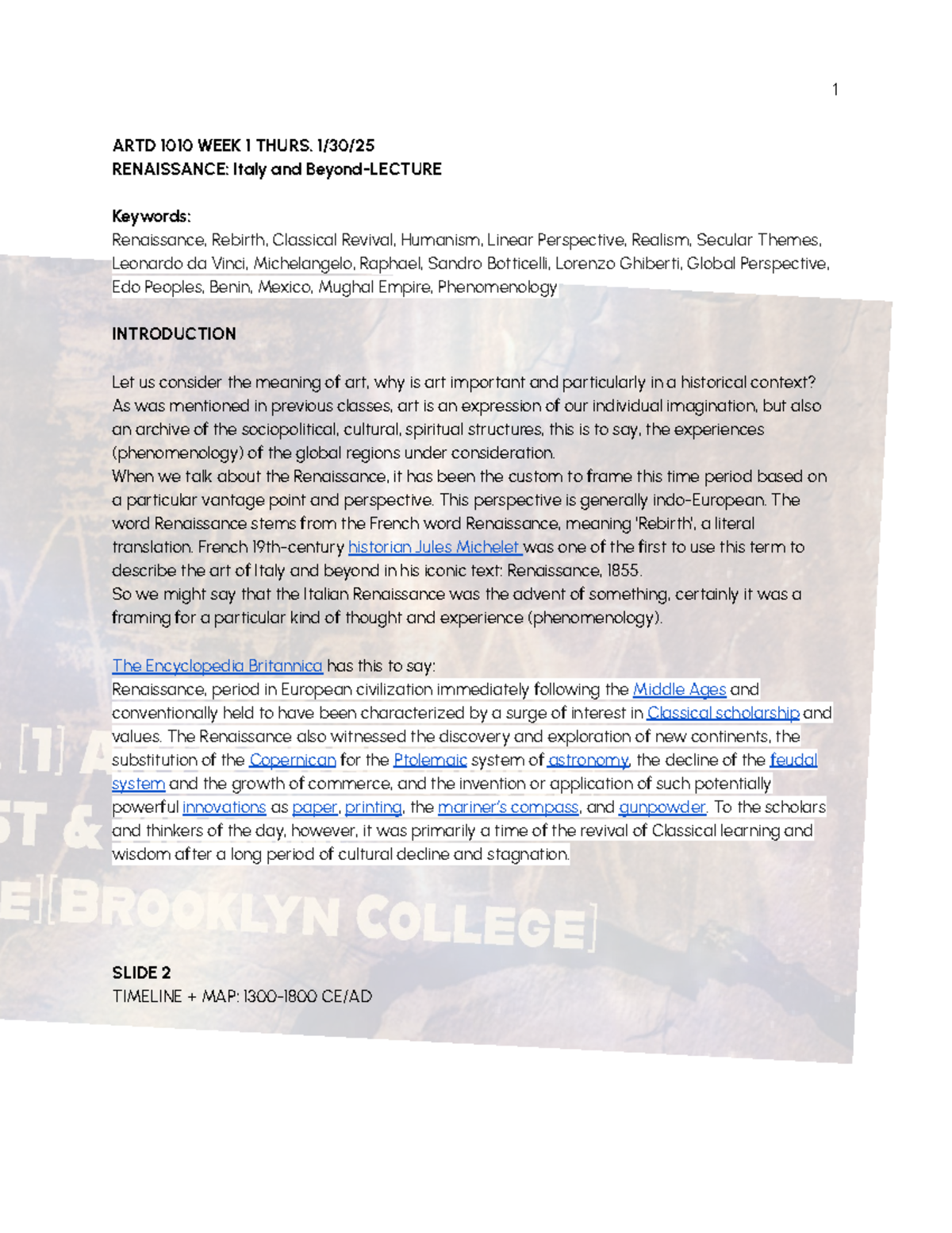 ARTD 1010 WEEK 4 TUES. Renaissance Italy & Global Perspectives - Studocu