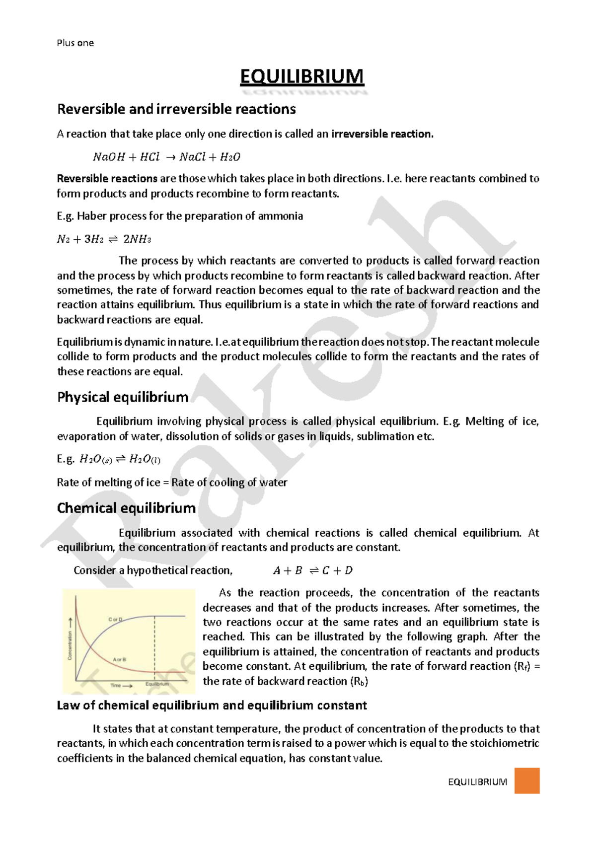 Equilibrium Concepts and Reactions: Plus One Notes (EQUILIBRIUM+1 ...