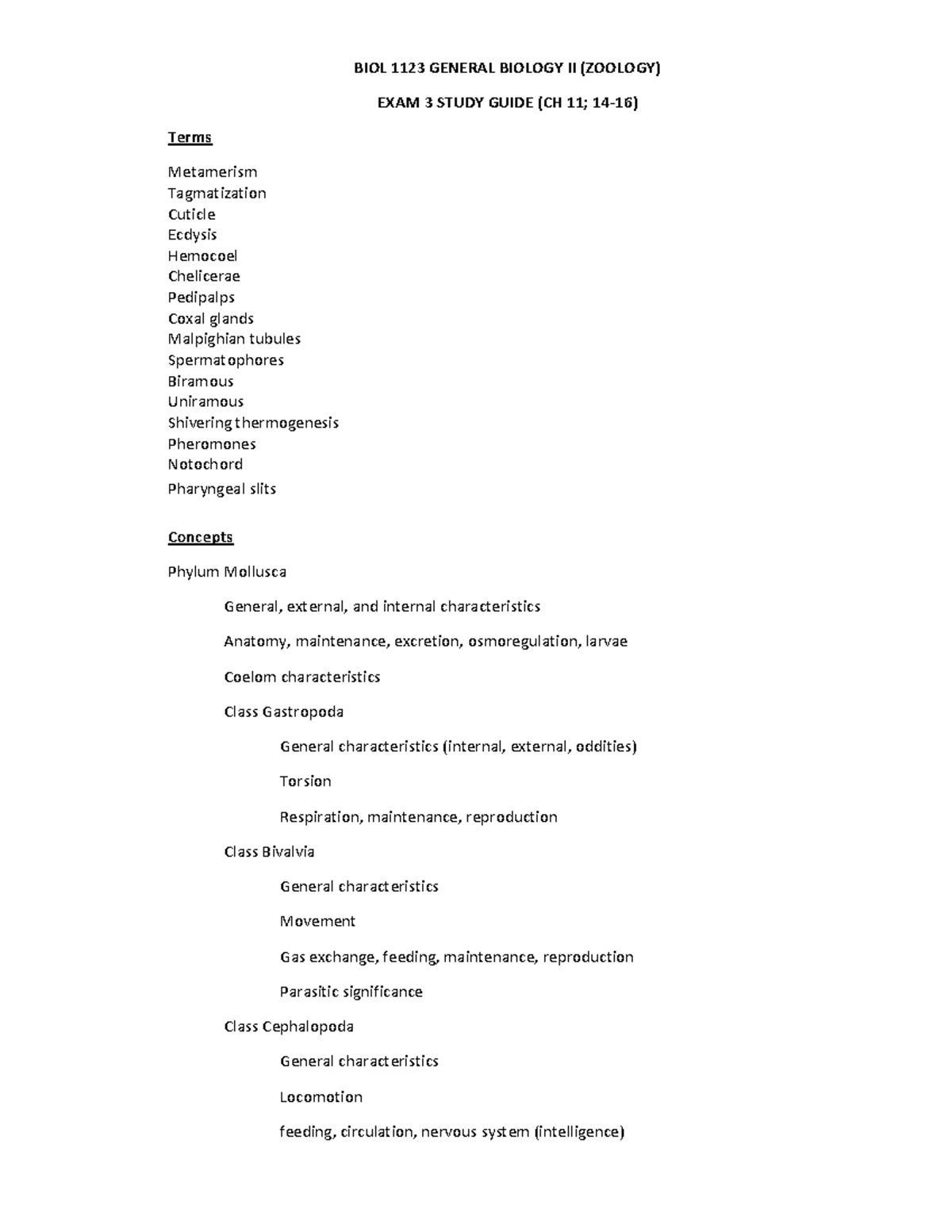BIOL 1123 General Biology II Exam 3 Study Guide F22 - Studocu