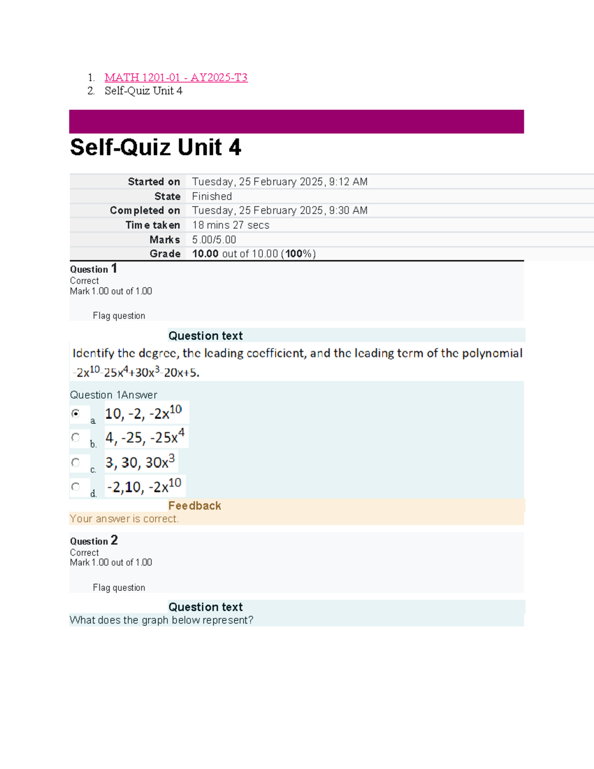 Math 1201 - Self Quiz Unit 4 - 1. MATH 1201-01 - AY2025-T 2. Self-Quiz Unit 4 Self-Quiz Unit 4 ...
