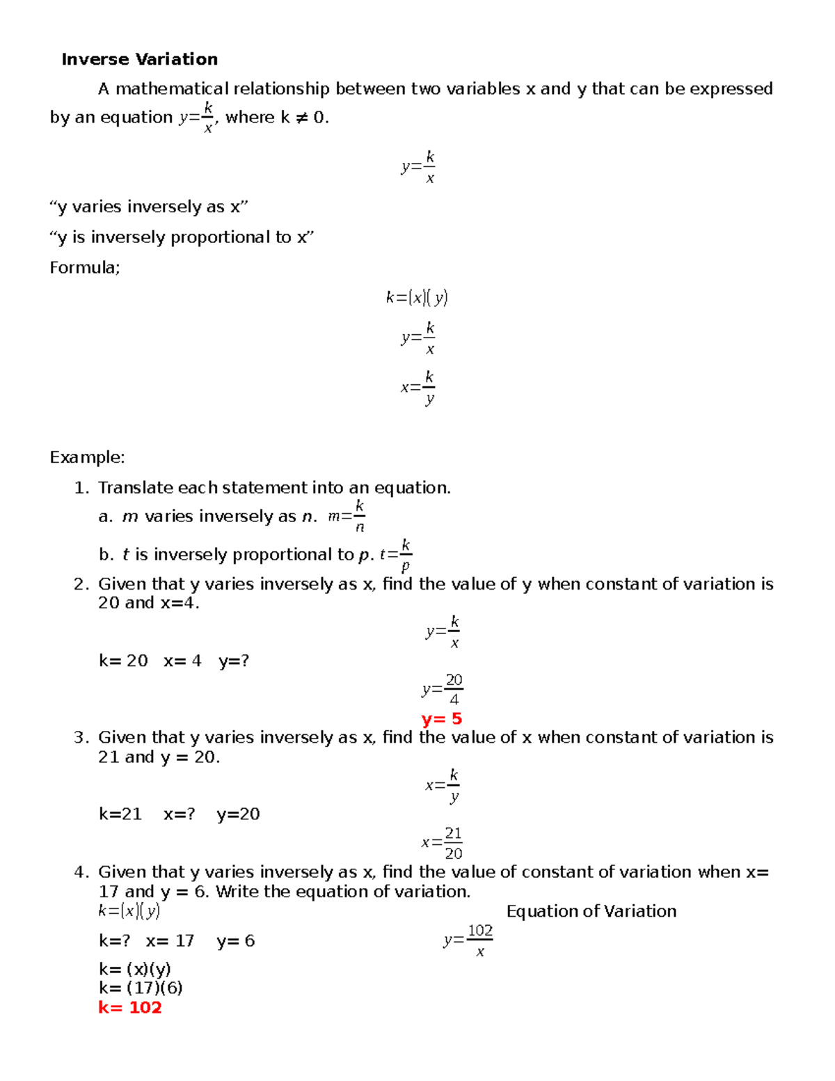 Inverse Variation - Quiz (Math 101) - Studocu