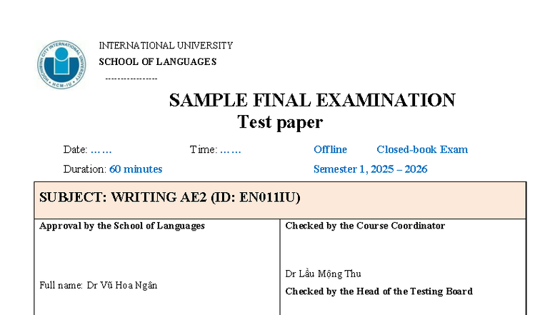 AE2 Writing Final Exam Sample Test (2025-2026 Semester 1) - Studocu