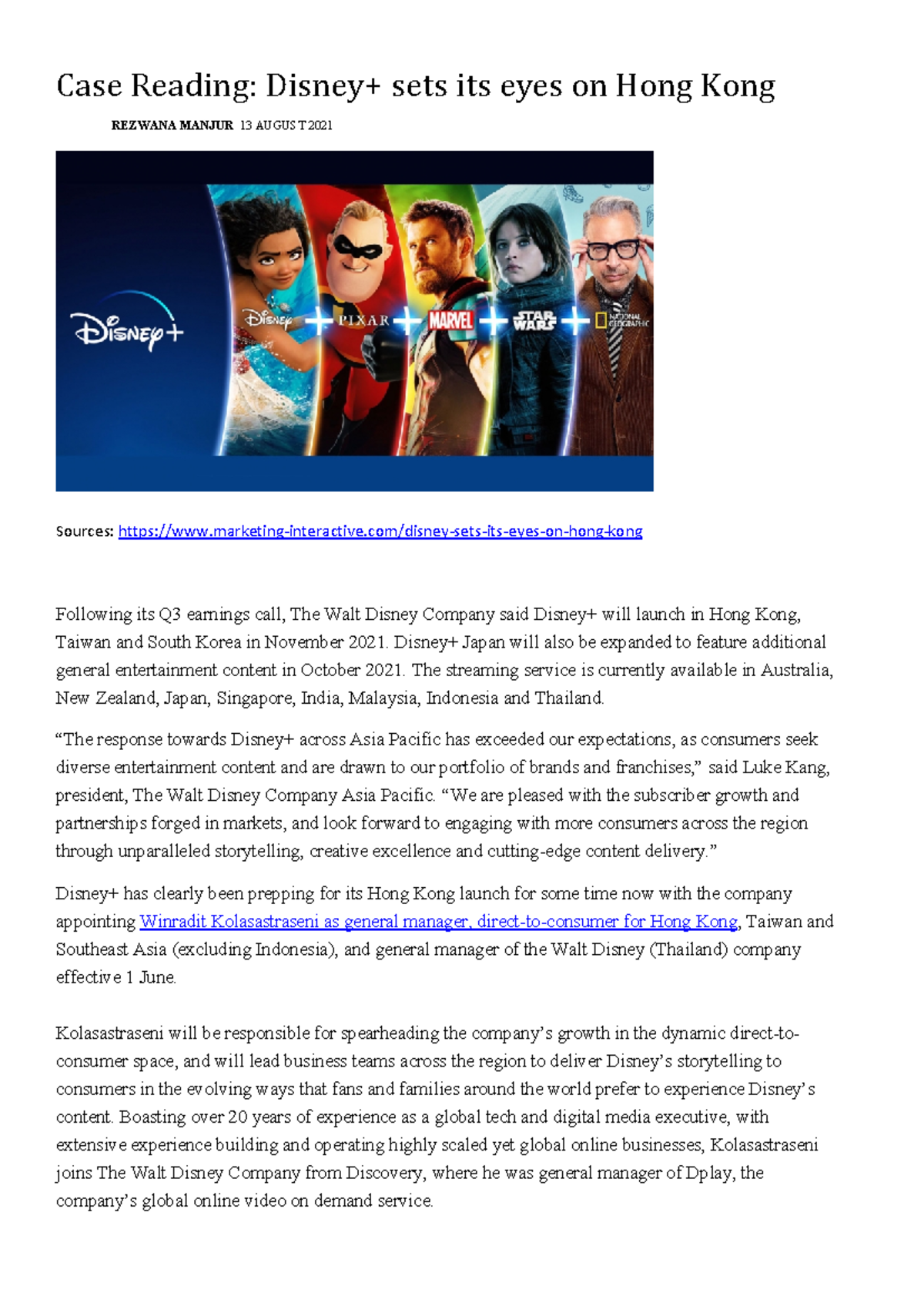Lecutre 2 Case Study 2 Walt Disney Plus in HK - Case Reading: Disney+ ...