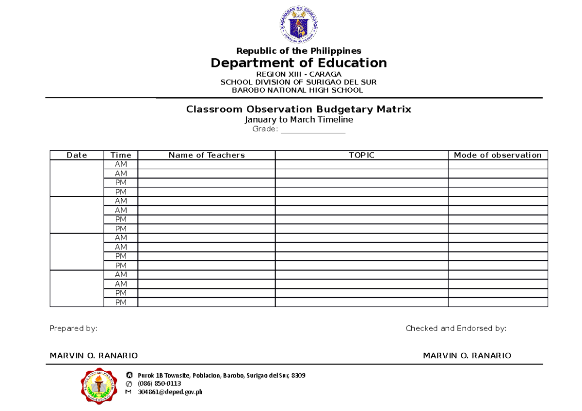 LAC Class Observation Matrix - Republic of the Philippines Department ...