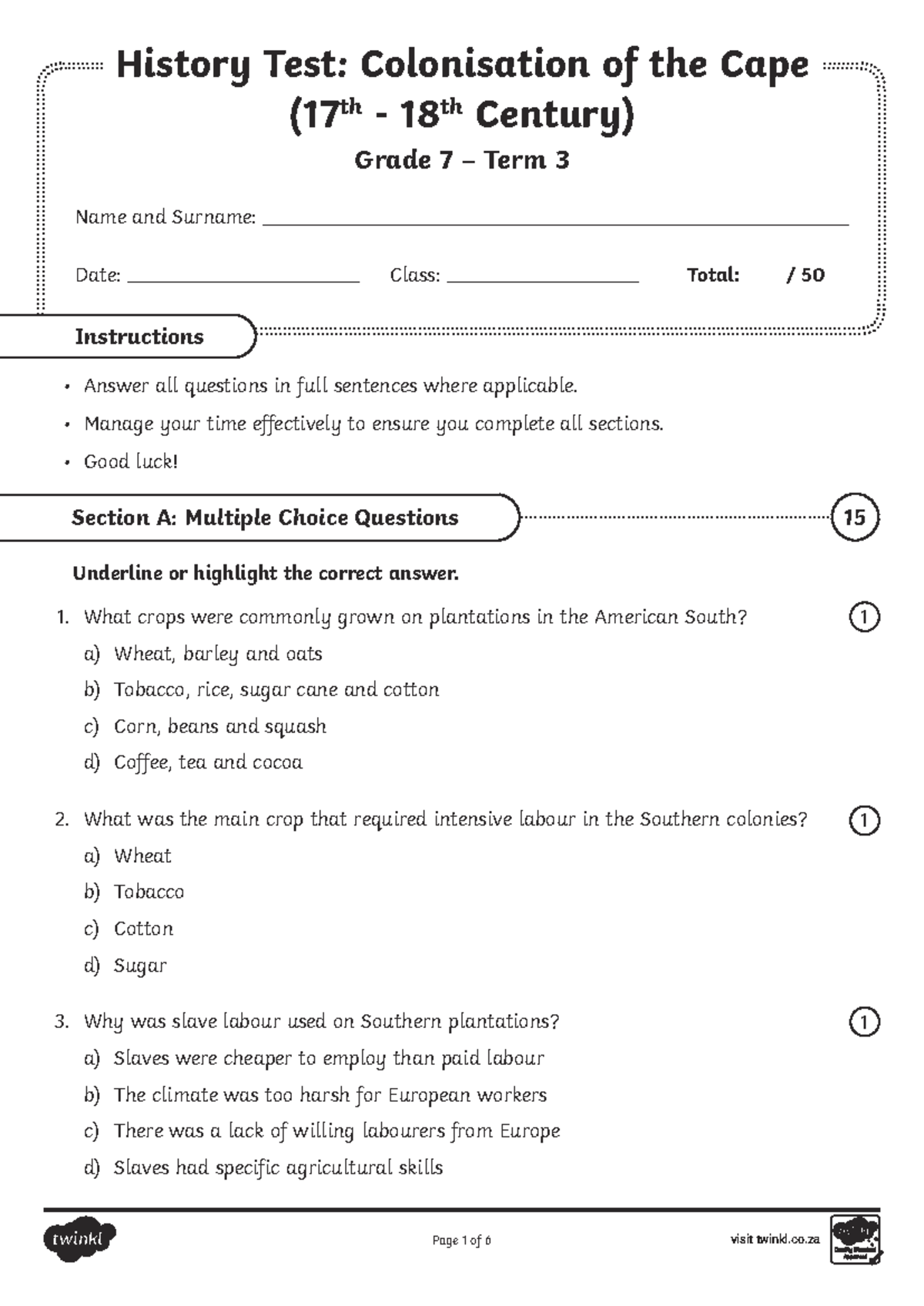 Grade 7 History Test Term 3: Colonisation of the Cape (17th-18th ...