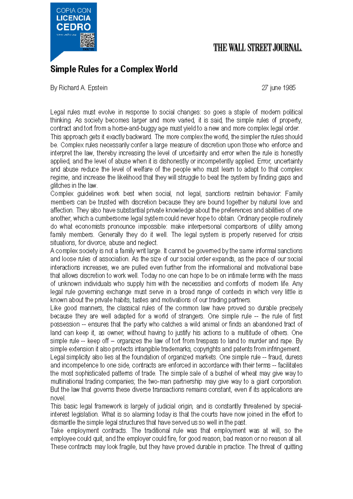 Epstein, Simple Rules for a Complex Society: Legal Frameworks Explained ...