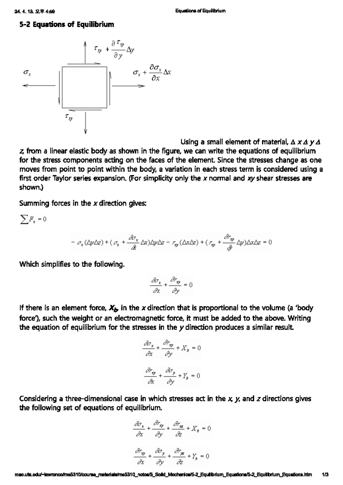 Equations of equilibrium in solid mechanics: A detailed analysis - Studocu