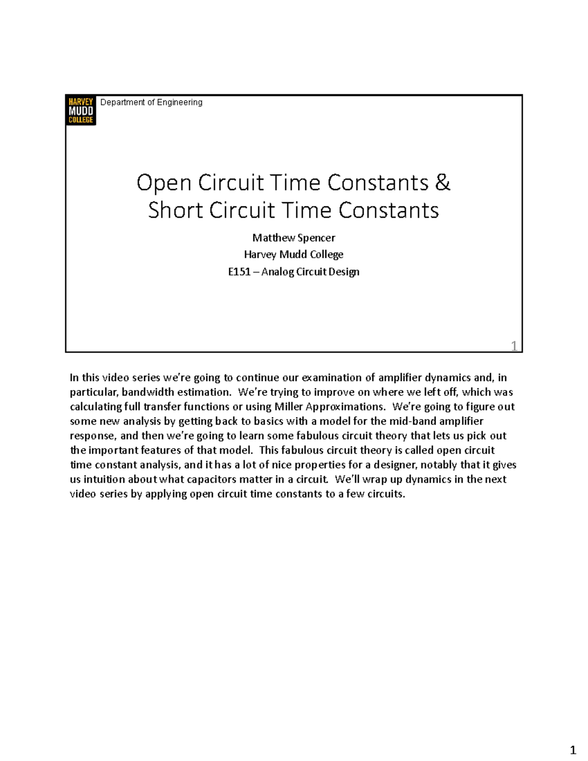 E151 Analog Circuit Design: Open & Short Circuit Time Constants - Studocu