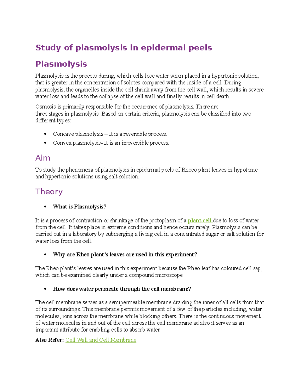 Study of Plasmolysis in Rhoeo Epidermal Peels: A Laboratory Experiment ...
