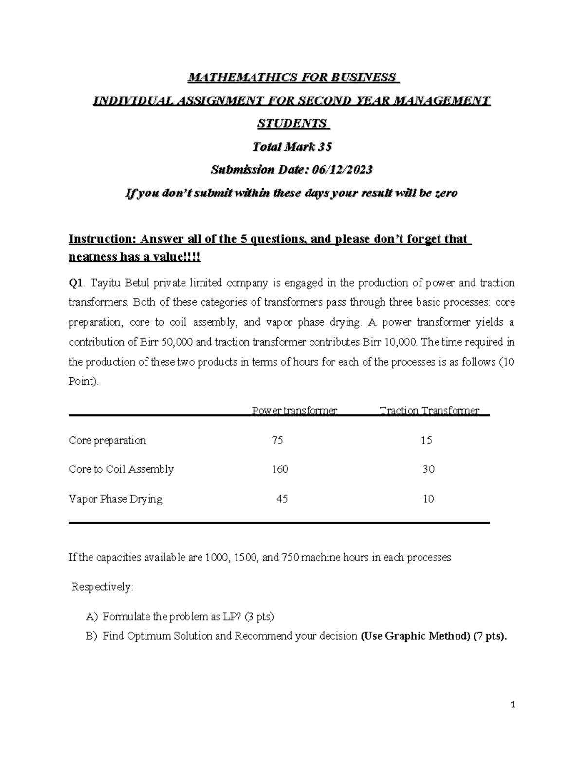 Mathematics for Business: Individual Assignment 2nd Year Management ...