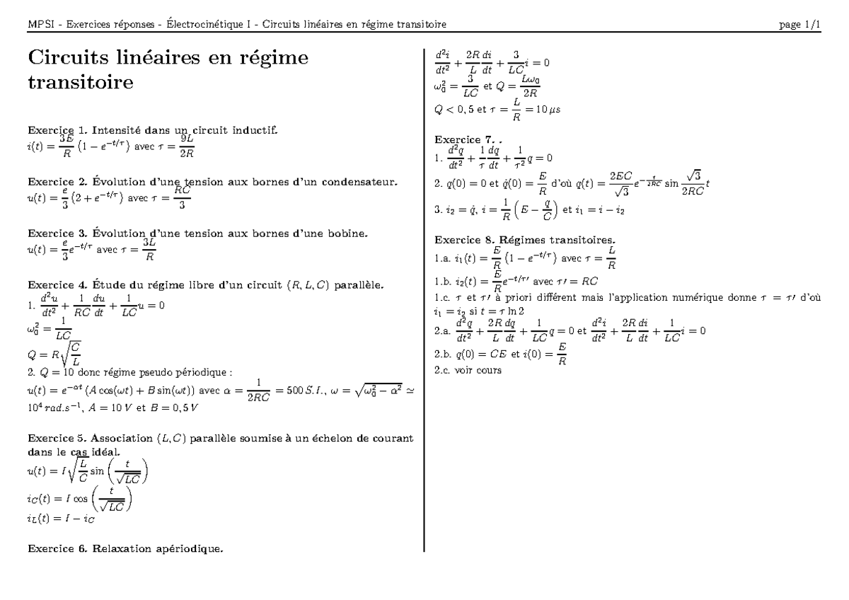 04 electrocinetique regimes transitoires exercices reponses - MPSI ...