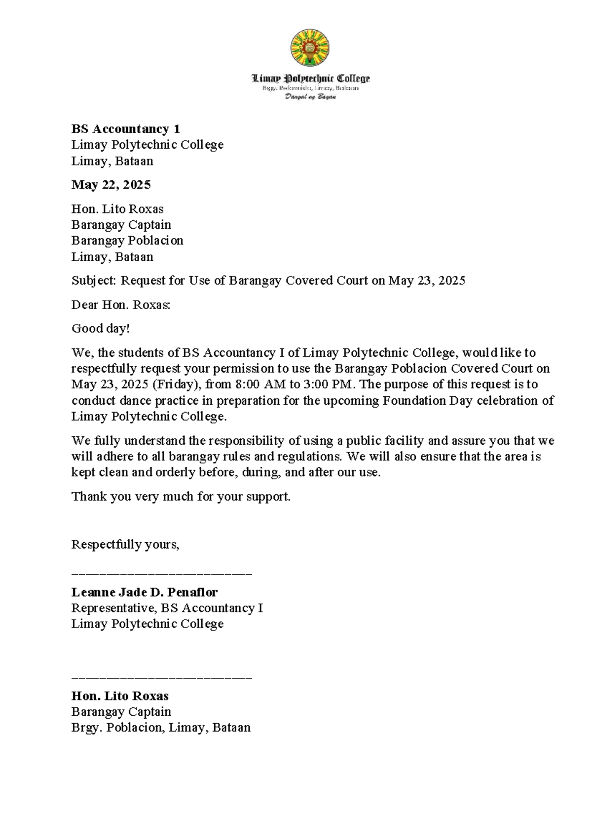 Request for Use of Barangay Covered Court - BS Accountancy I - Studocu