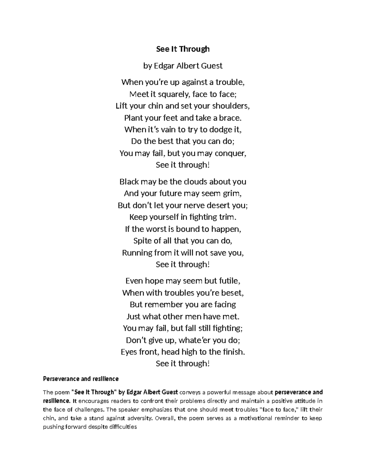 ENG 101: Analysis of "See It Through" by Edgar Albert Guest - Studocu