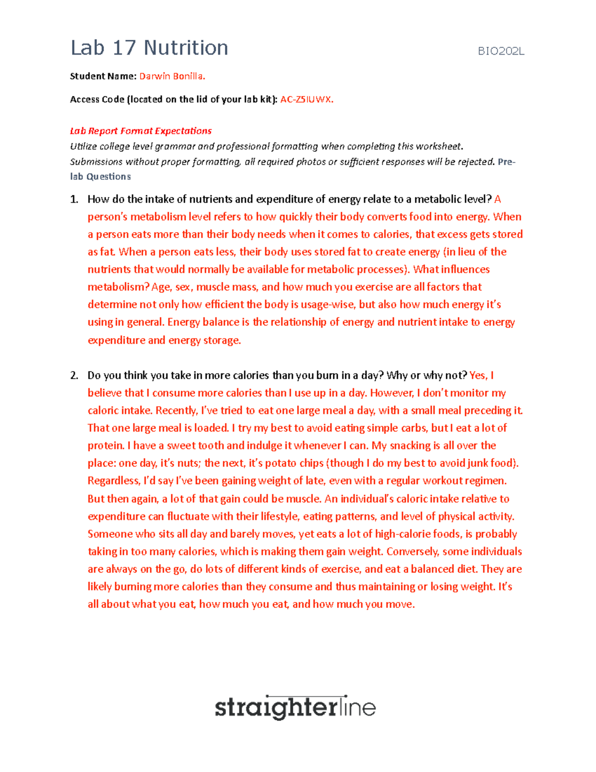 BIO202L Lab 17: Nutrition Tracking and Analysis Report - Studocu