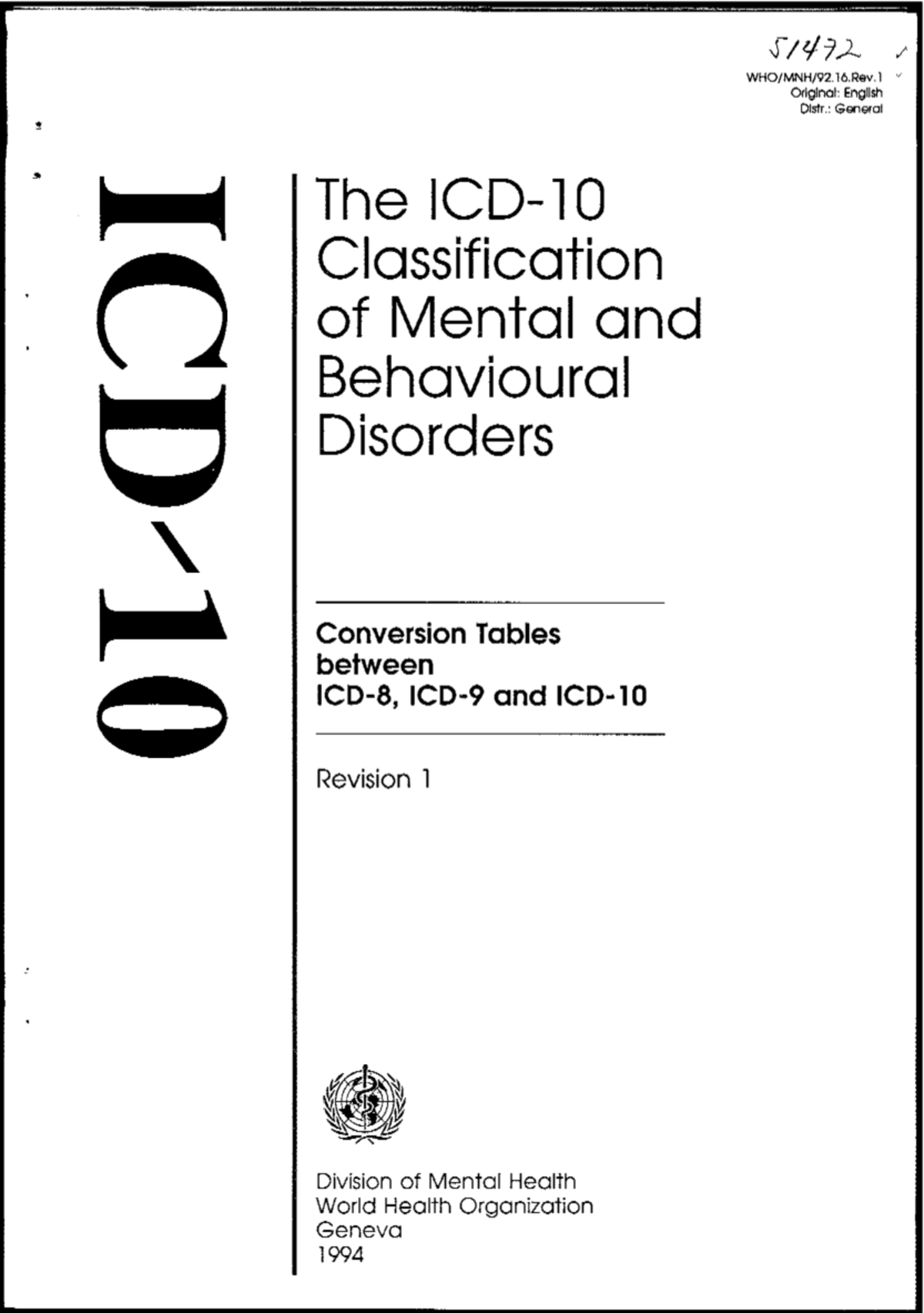 ICD-10 Classification of Mental and Behavioural Disorders: Conversion ...
