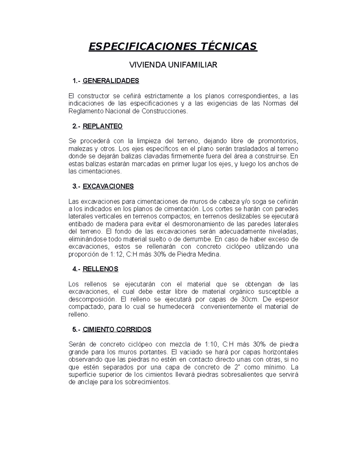 Especificaciones Técnicas para Vivienda Unifamiliar (Proyecto de Construcción) - Studocu