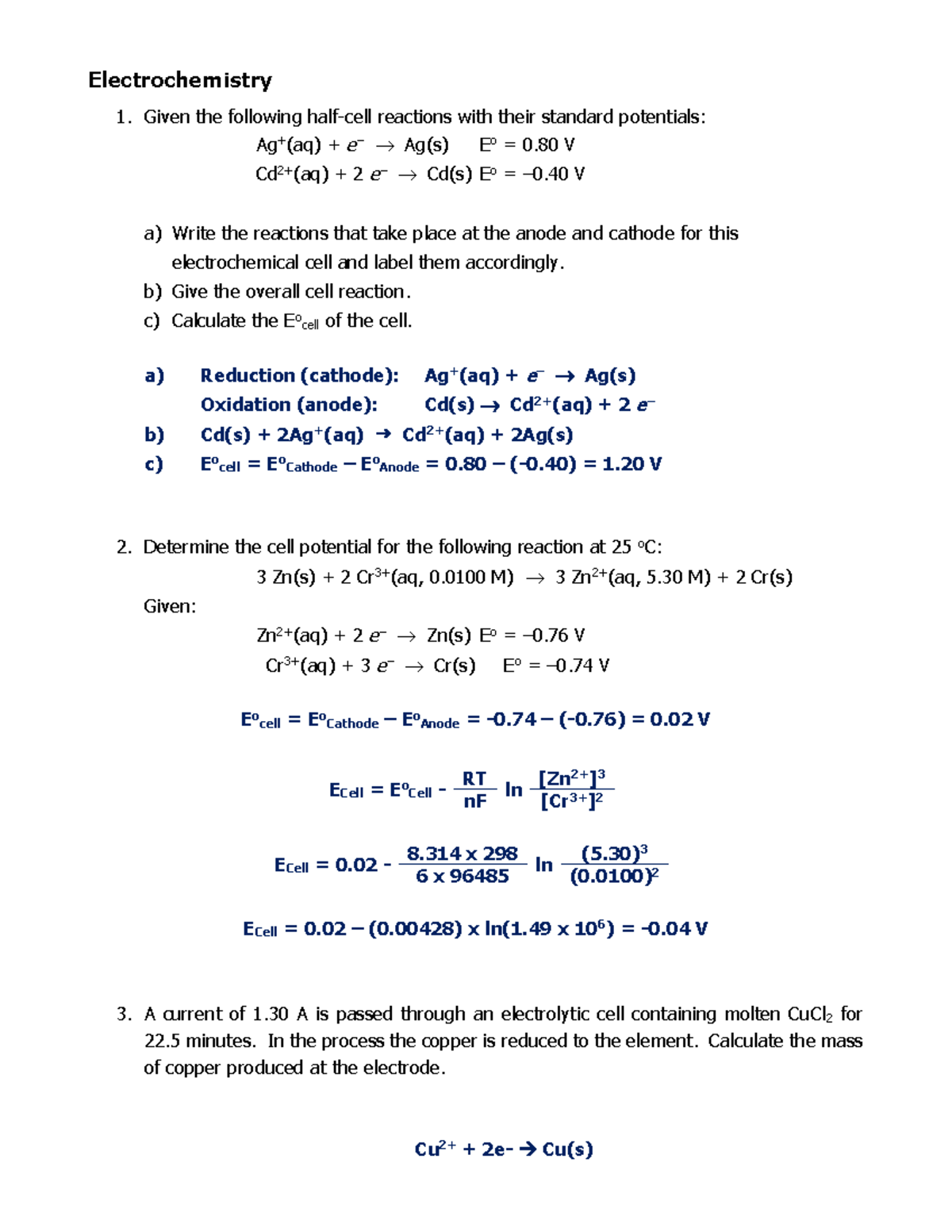 Electrochemistry 1: Standard Potentials and Reaction Calculations - Studocu