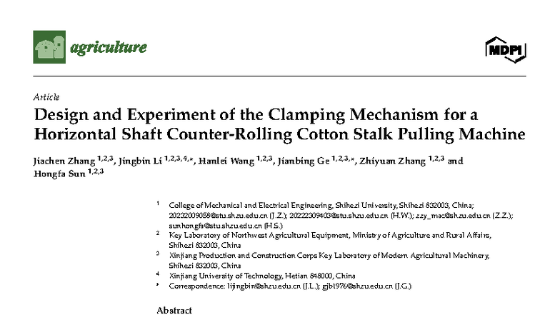 Design and Experiment of Clamping Mechanism for Cotton Stalk Pulling ...