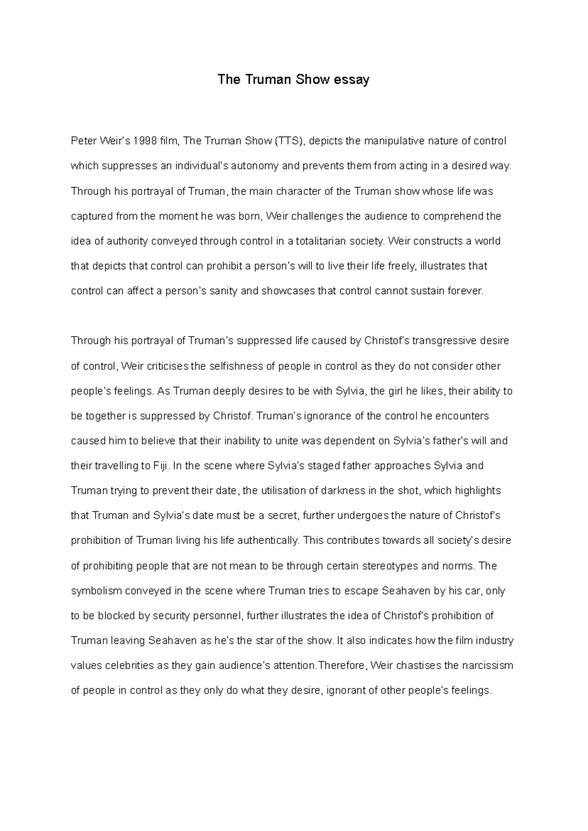 Copy of The Truman Show essay - The Truman Show essay Peter Weir’s 1998 ...
