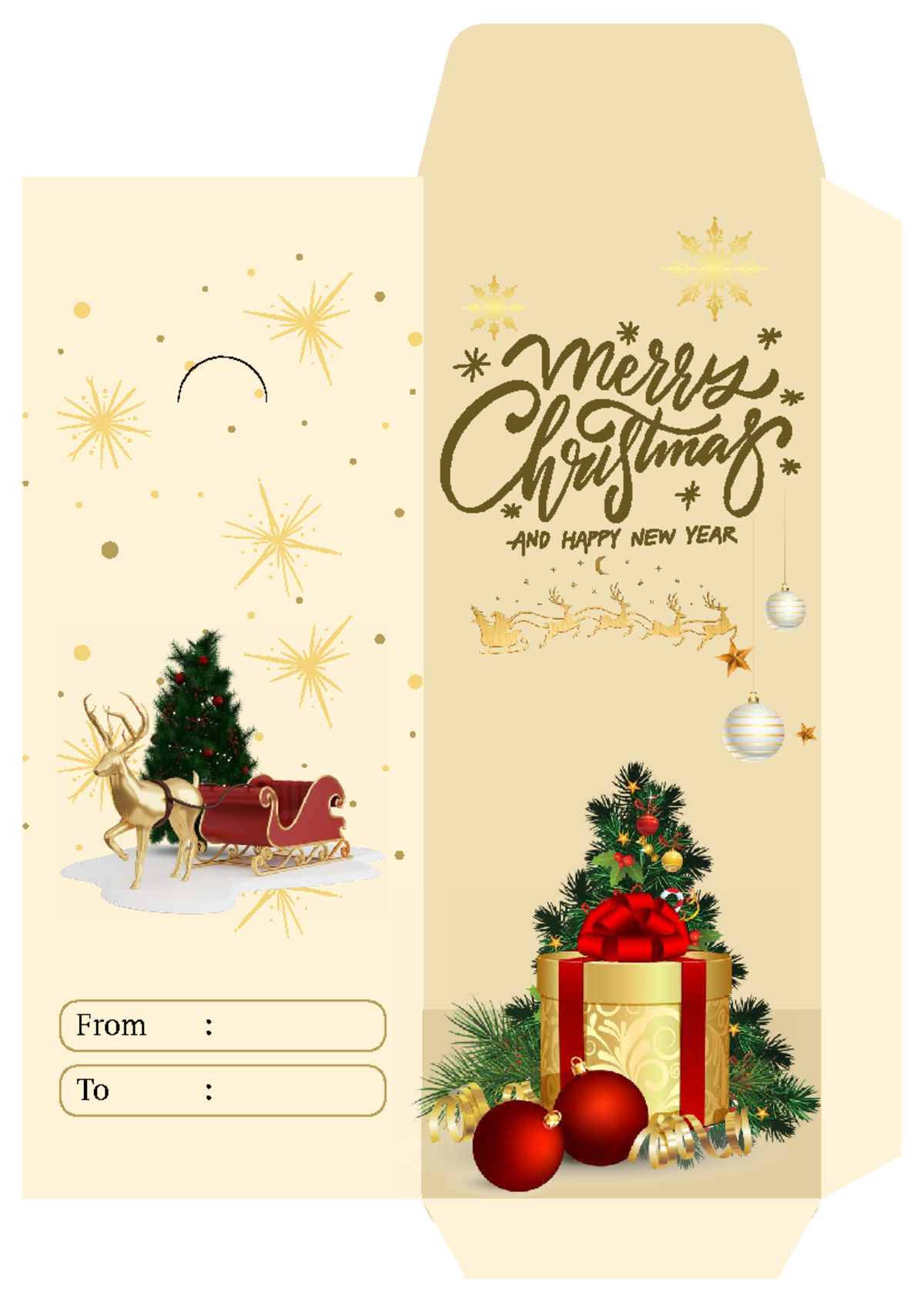 Gold and Cream Beige Illustrated Tree Present Modern Merry Christmas ...