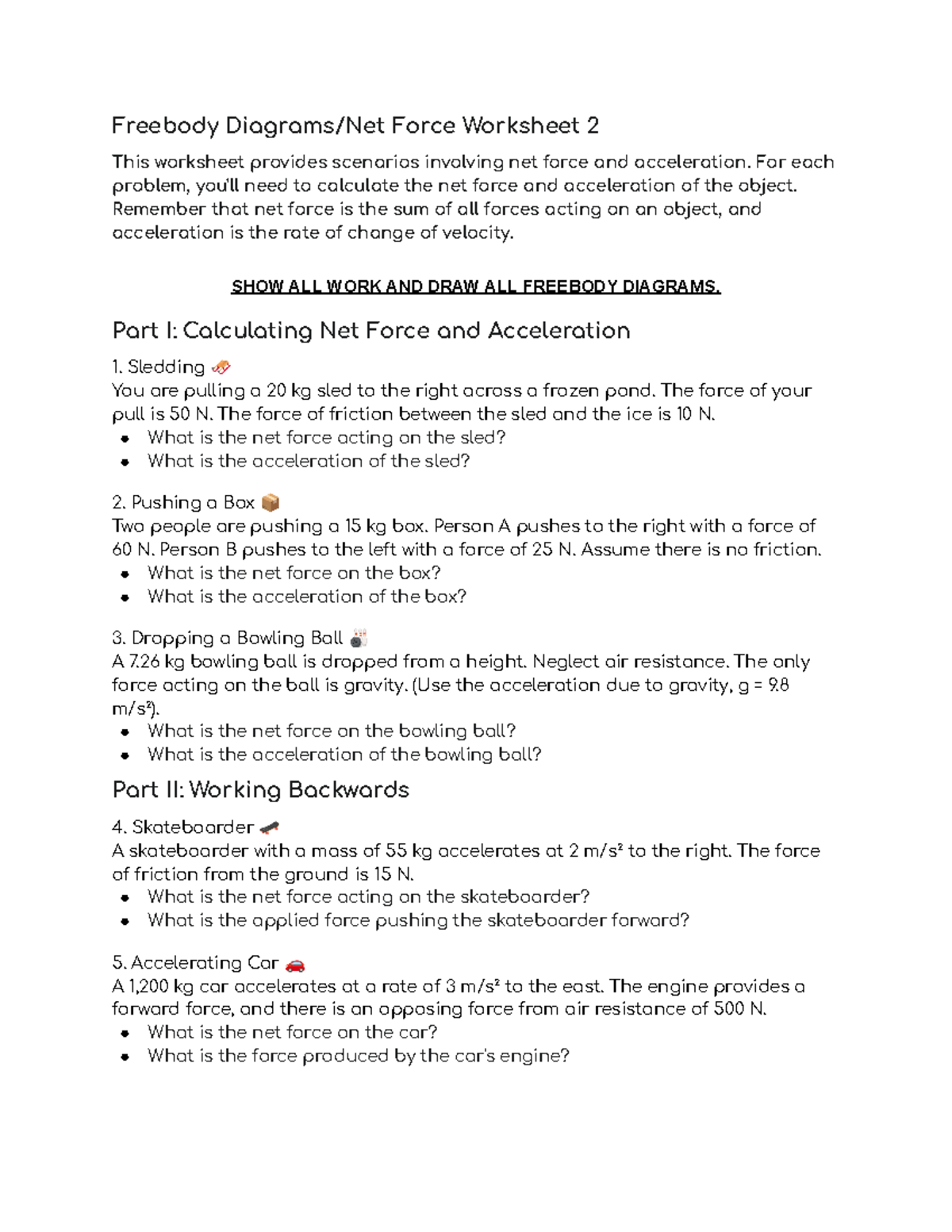 Freebody Diagrams & Net Force Worksheet 2: Calculations - Studocu