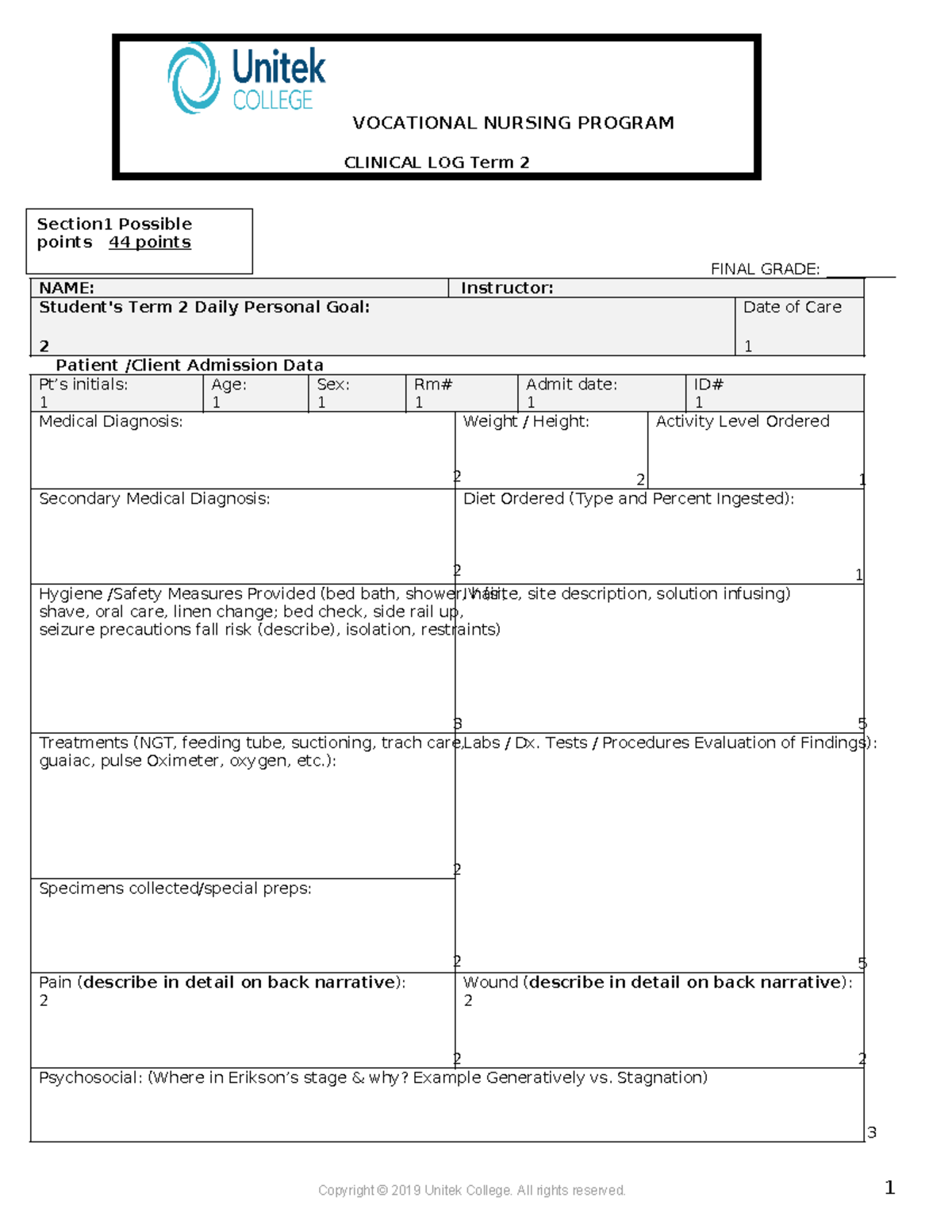 Clinical Log Term II - CLINICAL LOG Term 2 FINAL GRADE: _________ NAME ...
