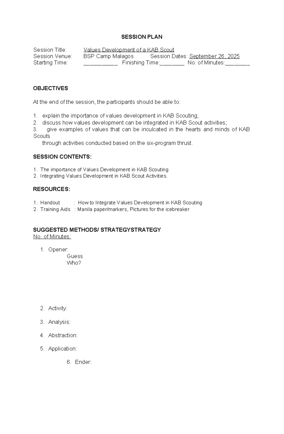 KAB Scout Values Development Session Plan - Sept 26, 2025 - Studocu
