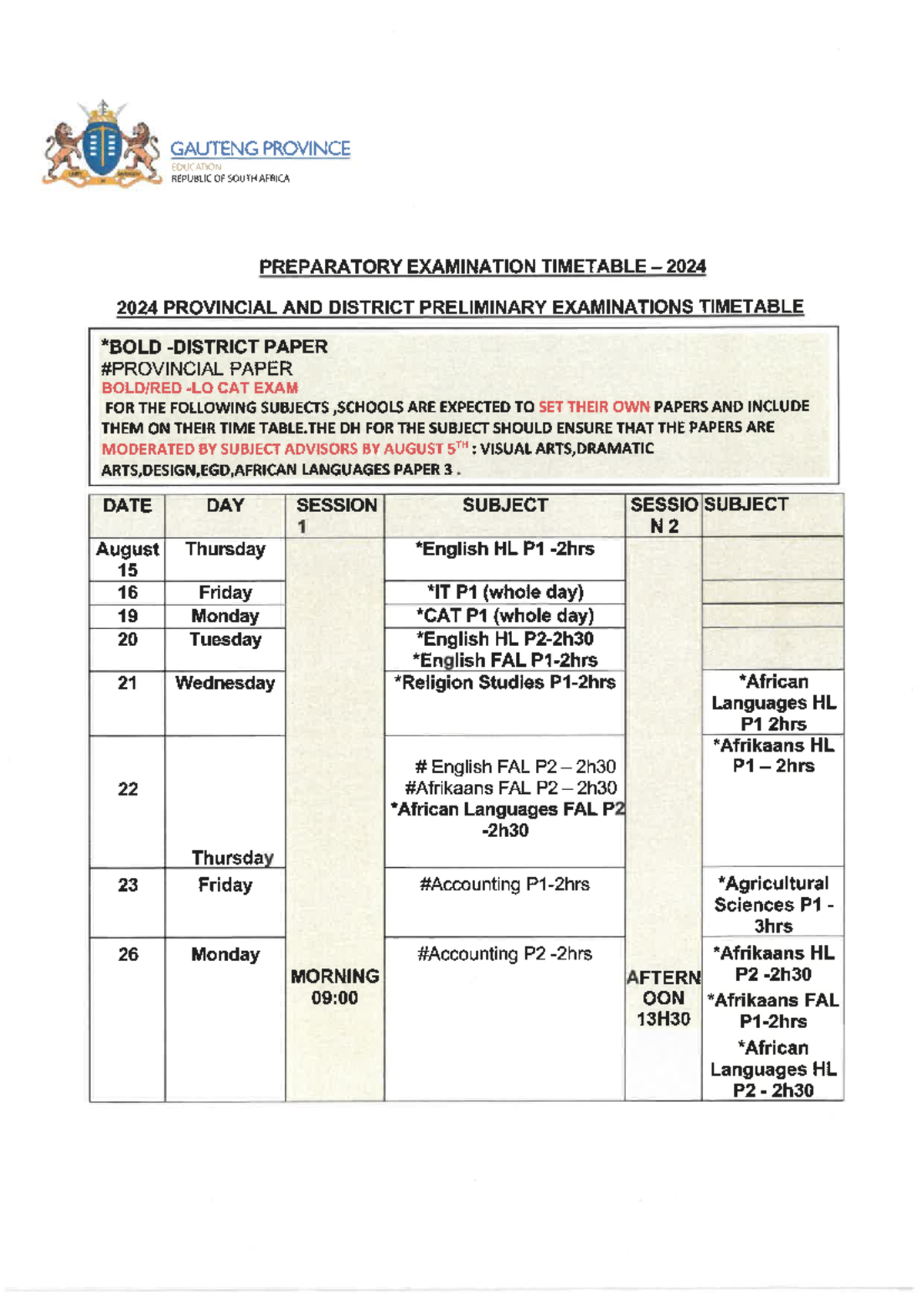 Preparatory Exam Timetable for Gauteng Province - 2024 - Studocu