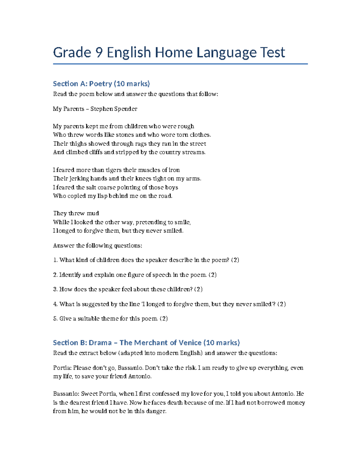 Grade 9 English Test: Poetry & Drama Analysis (10 Marks) - Studocu