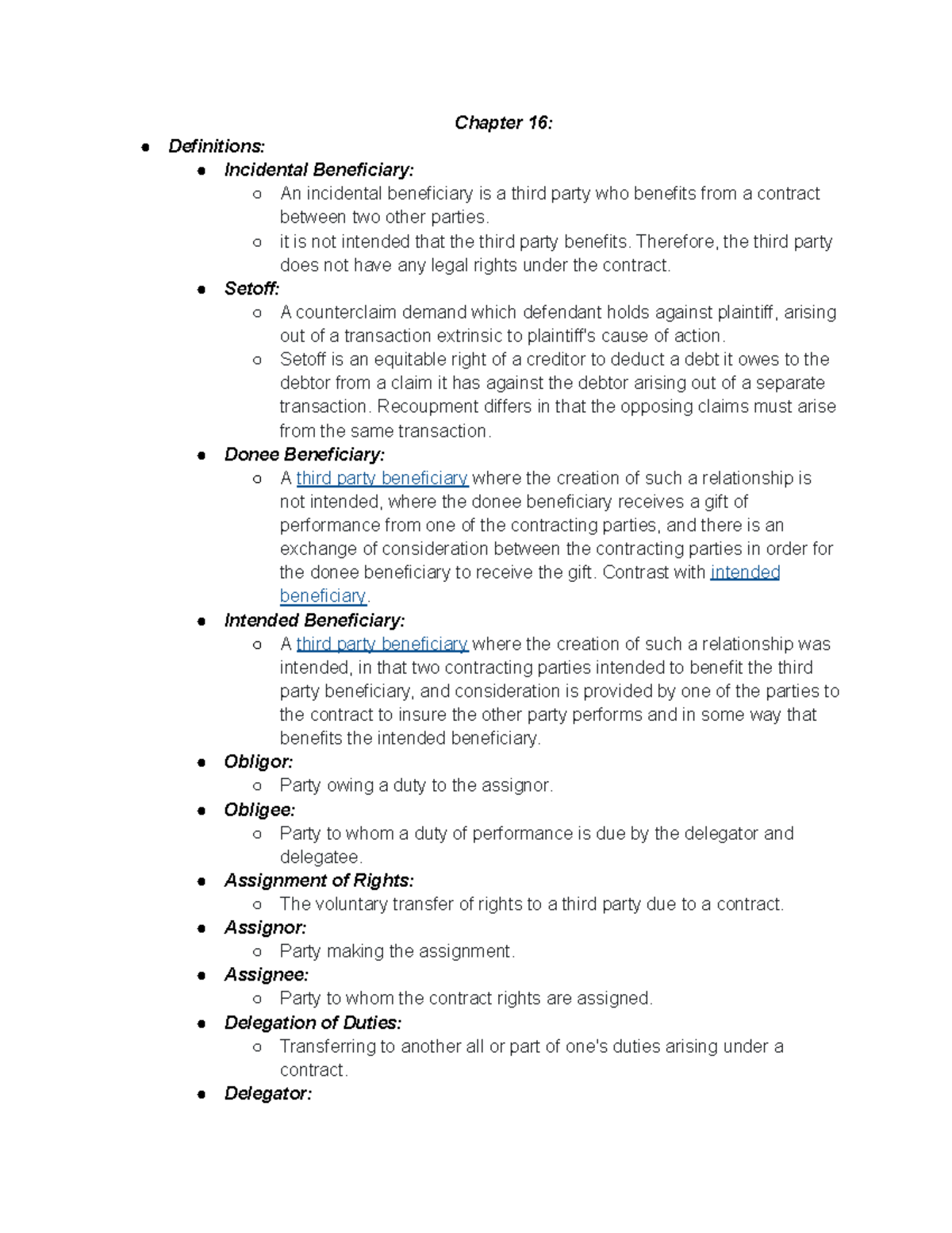 Chapter 16 notes - Chapter 16: Definitions: Incidental Beneficiary: An ...