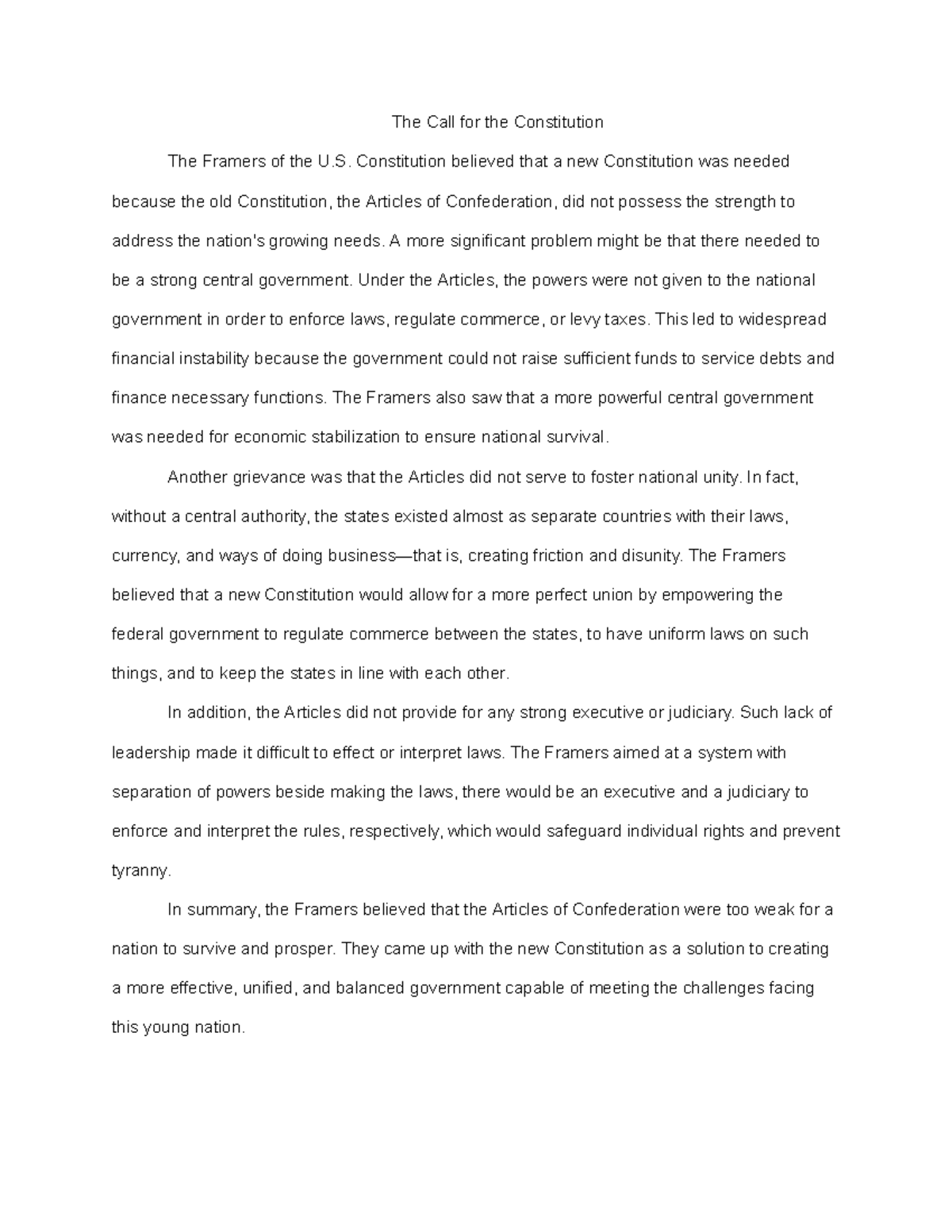 The Call for the Constitution - Constitution believed that a new ...