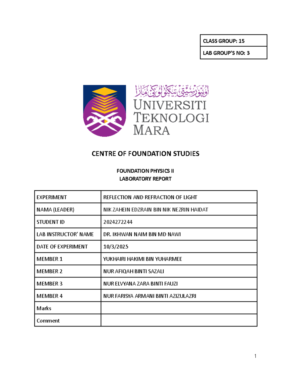 Foundation Physics II Lab Report: Reflection & Refraction of Light - Studocu