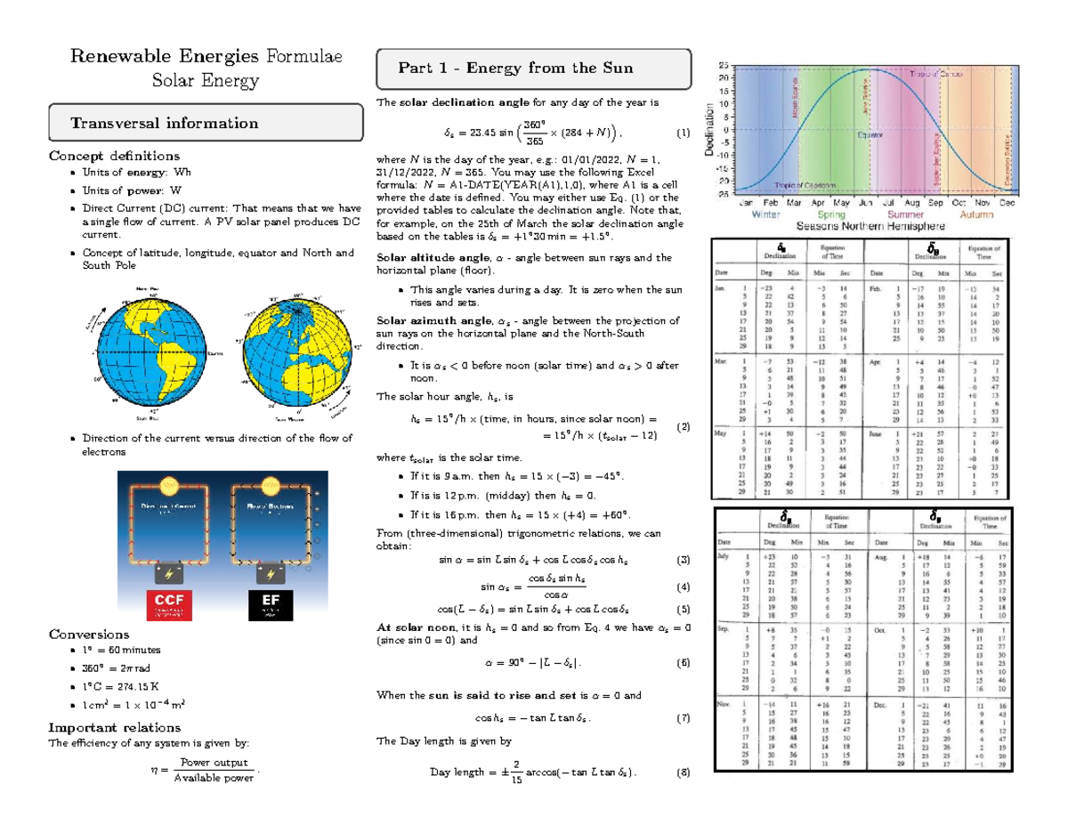 Renewable Energies Formulae: Solar Energy Concepts & Calculations - Studocu