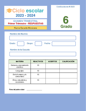 Respuestas Evaluacion Primer Trimestre Cuarto grado 2023 2024 - Firma del padre o tutor: - Studocu