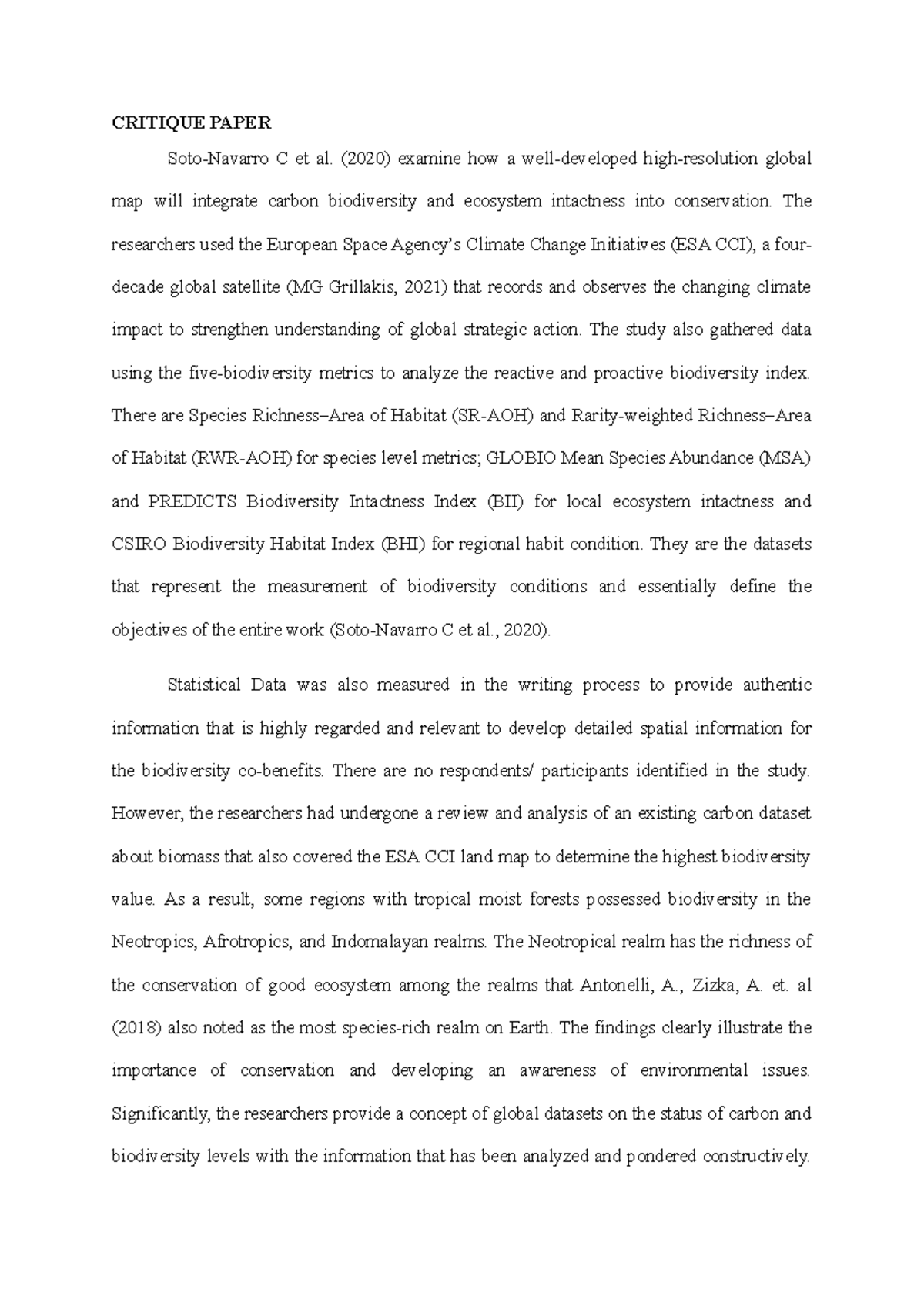 CRITIQUE PAPER: Integrating Carbon & Biodiversity in Conservation - Studocu