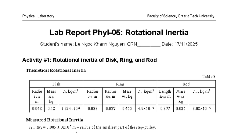 Physics I Lab Report: Rotational Inertia Analysis at Ontario Tech - Studocu